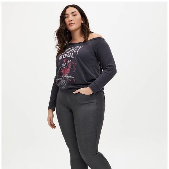 torrid | Tops | Whiskey Soul Black Burnout Fleece Off Shoulder ...